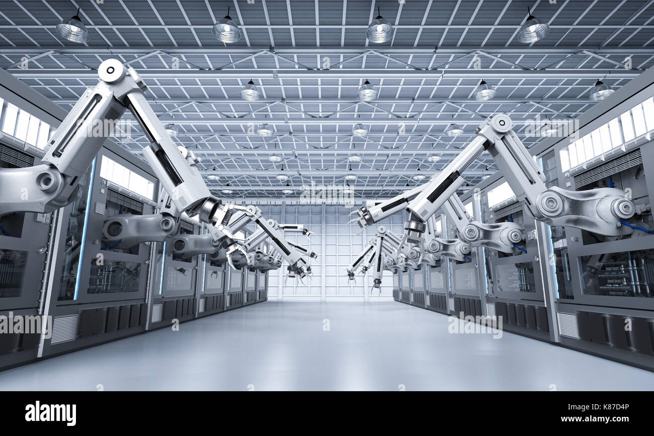 3d rendering robotic machines with conveyor line Stock Photo - Alamy