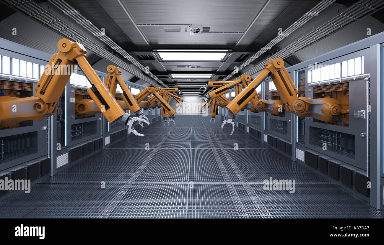 3d rendering robotic machines with conveyor line Stock Photo - Alamy