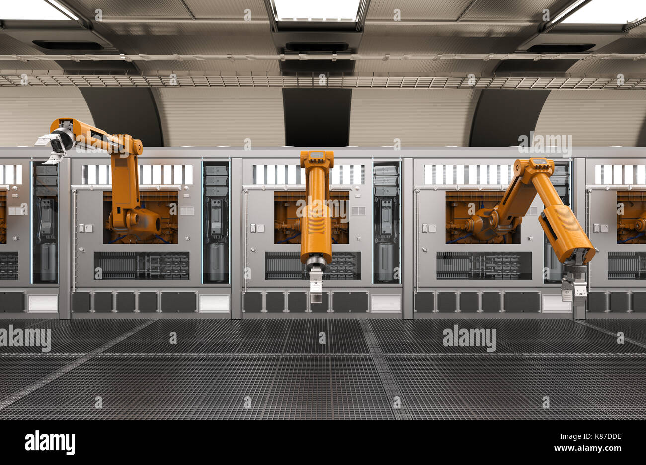 3d rendering robotic machines with conveyor line Stock Photo - Alamy