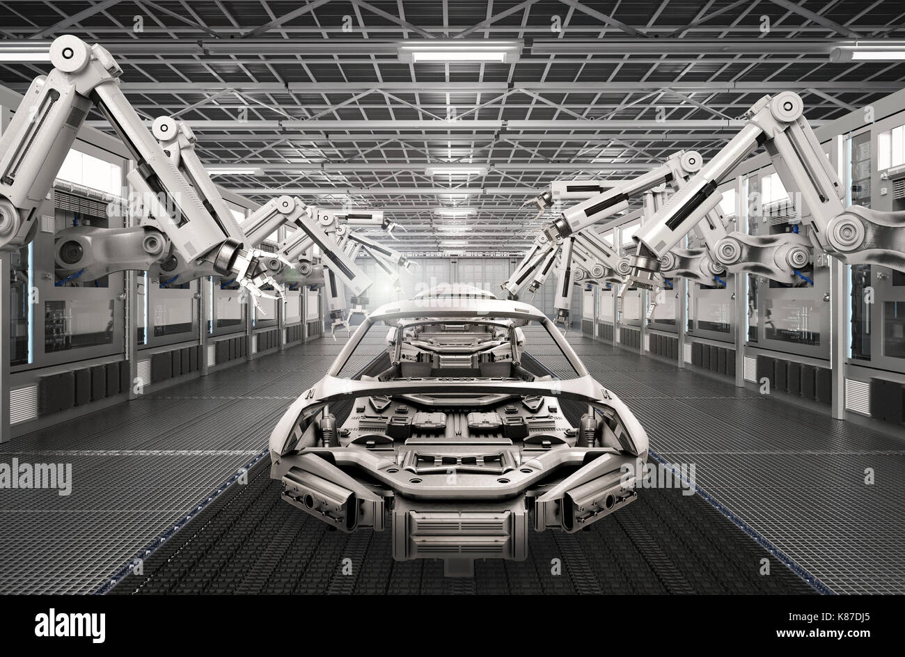 3d rendering robot assembly line in car factory Stock Photo - Alamy