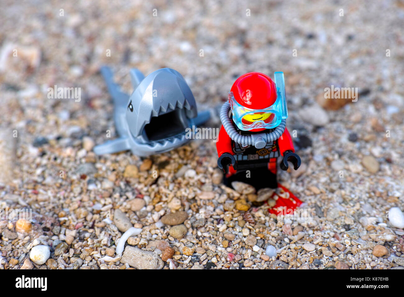 Paphos, Cyprus - October 09, 2016 Lego shark preparing to attack scuba ...