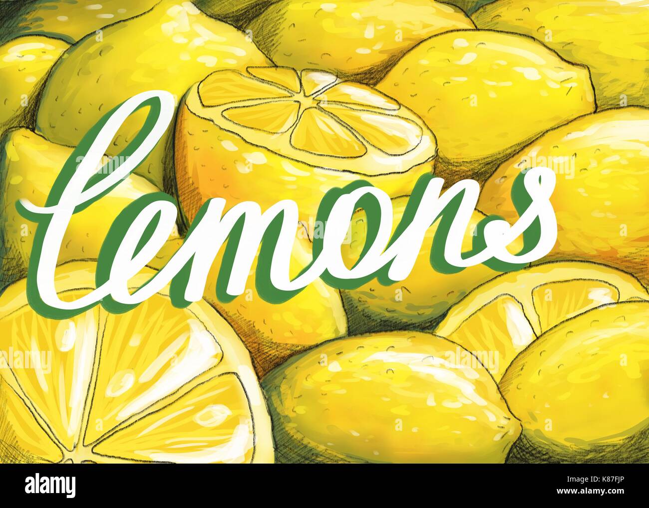 a hand-drawn digital picture with lots of lemons and some retro ...