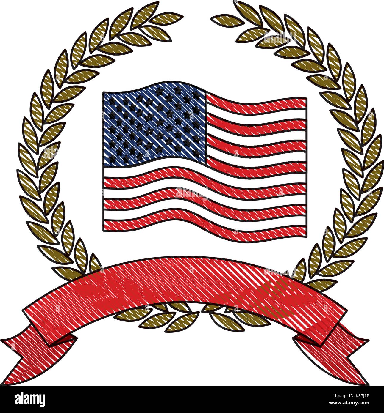 united states flag waving inside of crown of olive branches with ribbon ...
