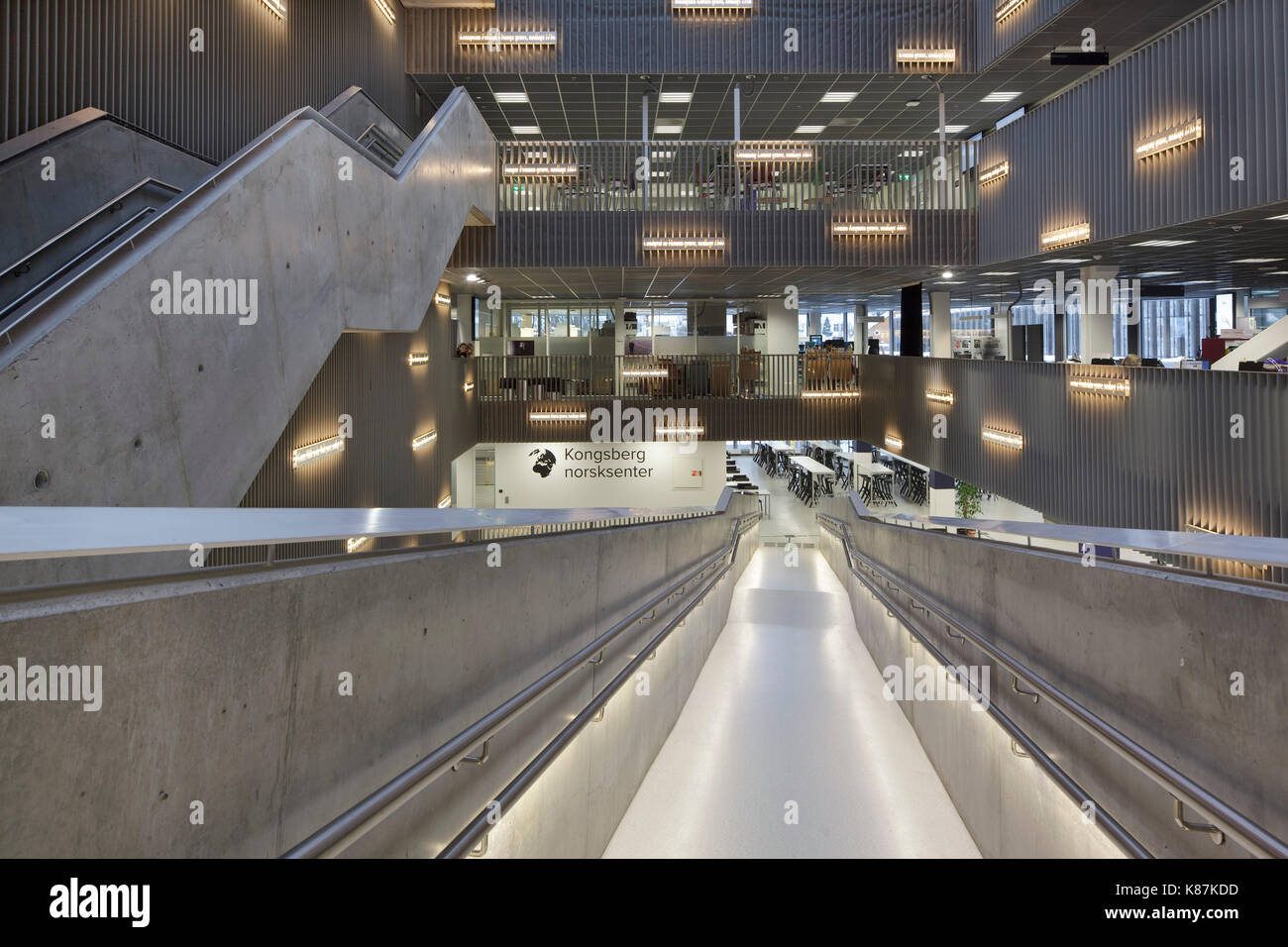 Descending suspended walkway with rising staircase to side, and view ...