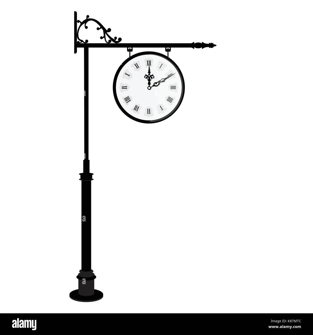 Vector illustration hanging vintage street clock with arabic numerals ...