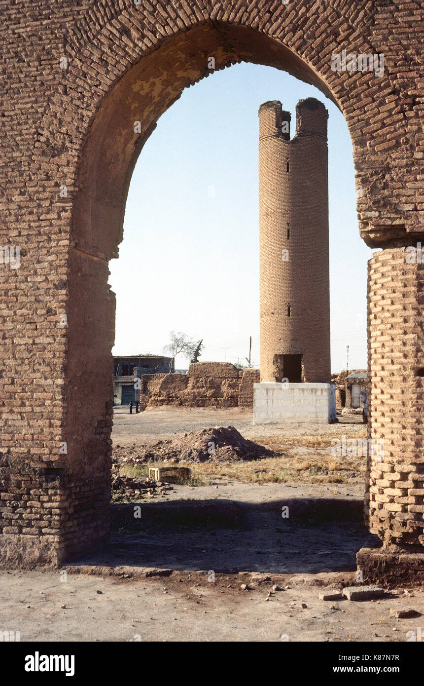 arch and minaret of the The Great Mosque of Raqqa, Syria, built by Our ...