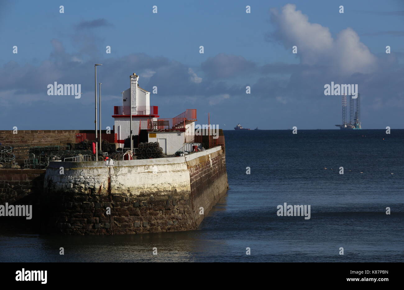 Oil Rig Rowan Stravanger under tow passing Arbroath harbour Scotland ...
