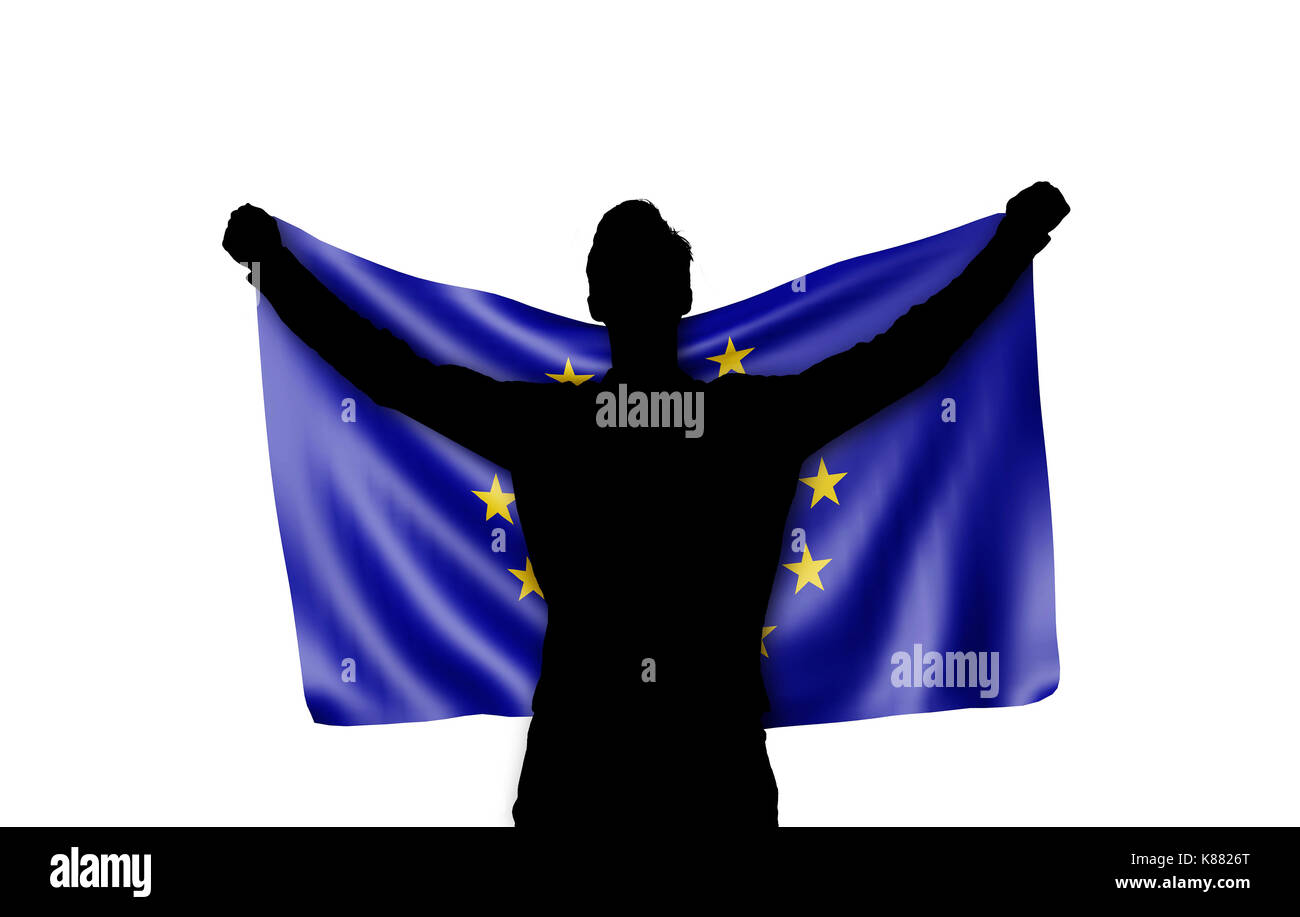 Male silhouette holding European Union flag. 3D Rendering Stock Photo ...