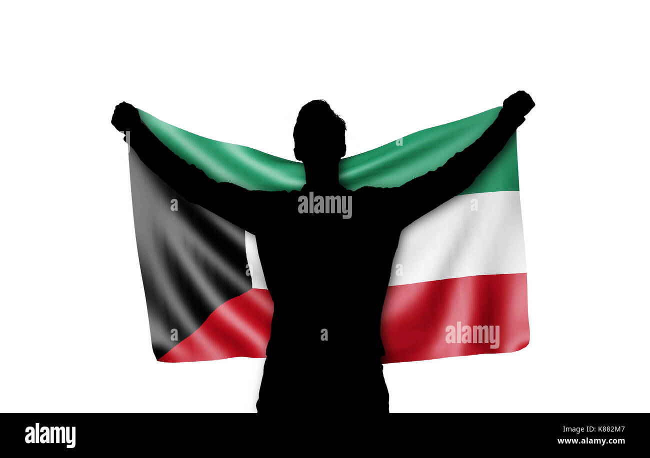 Male silhouette holding Kuwait national flag. 3D Rendering Stock Photo ...