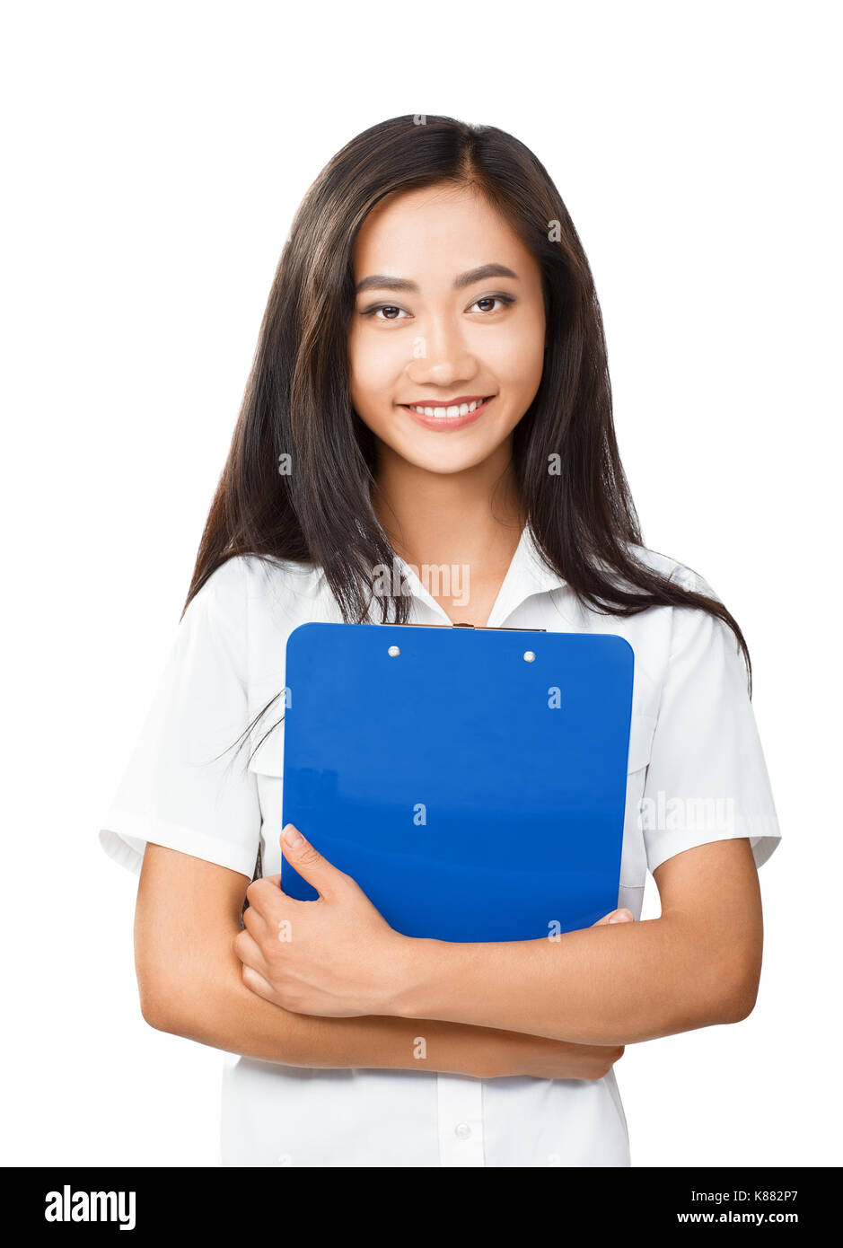Half body portrait of young Asian woman with folder in hands ...