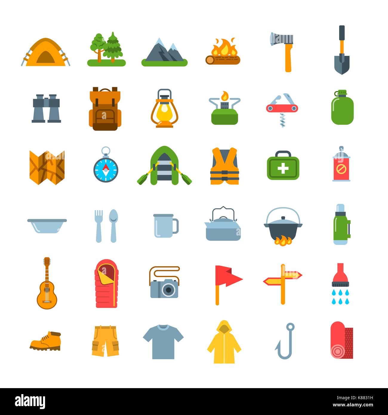 Summer camping icons. Vector flat graphics. Outdoor recreational ...