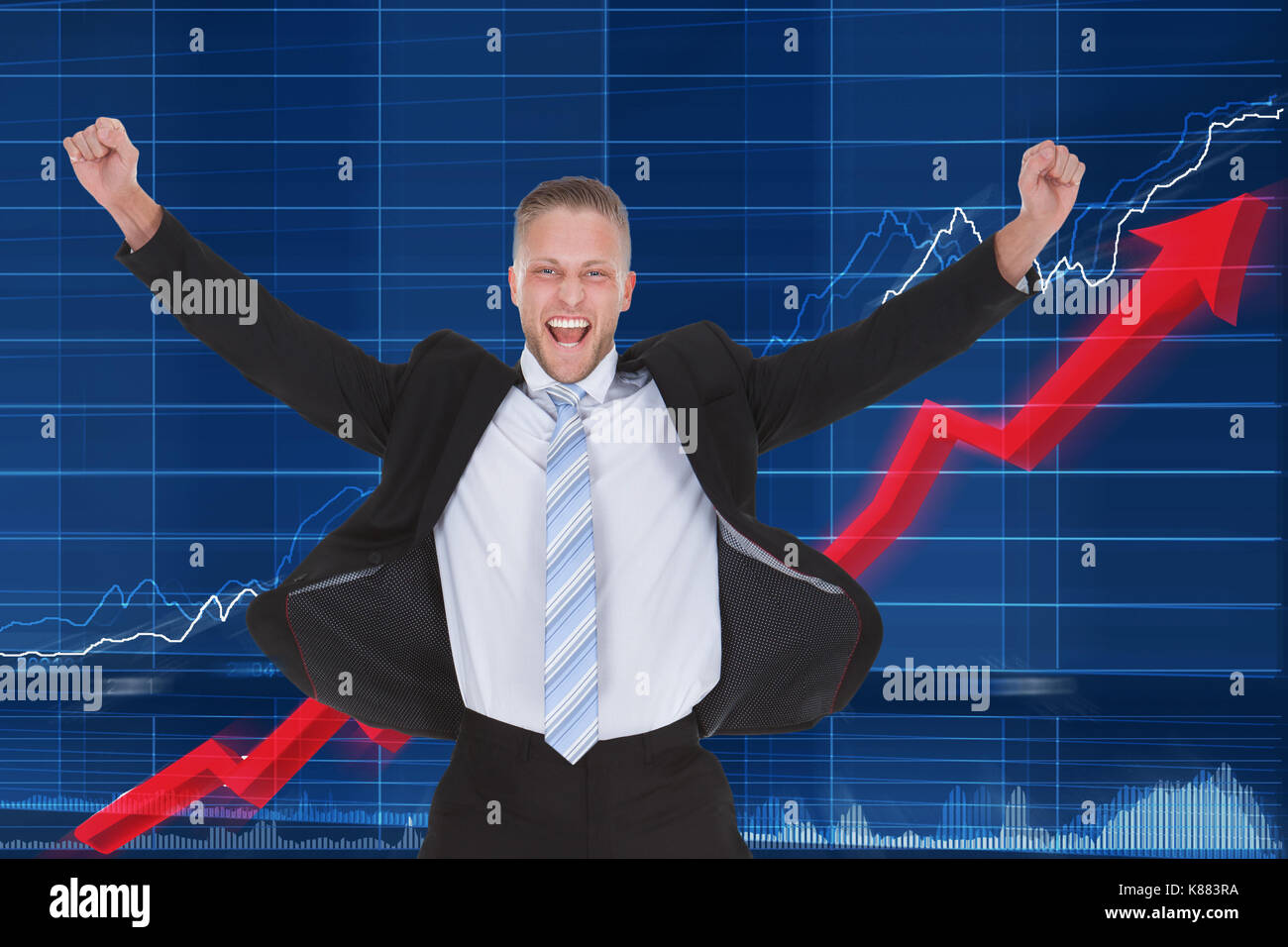 Happy Businessman In Front Arrow Moving Upward On Blue Screen Stock ...