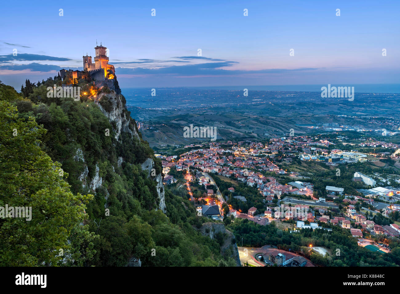 Dusk view of Guaita fortress/tower (aka Rocca/Torre Guaita) on Mount ...