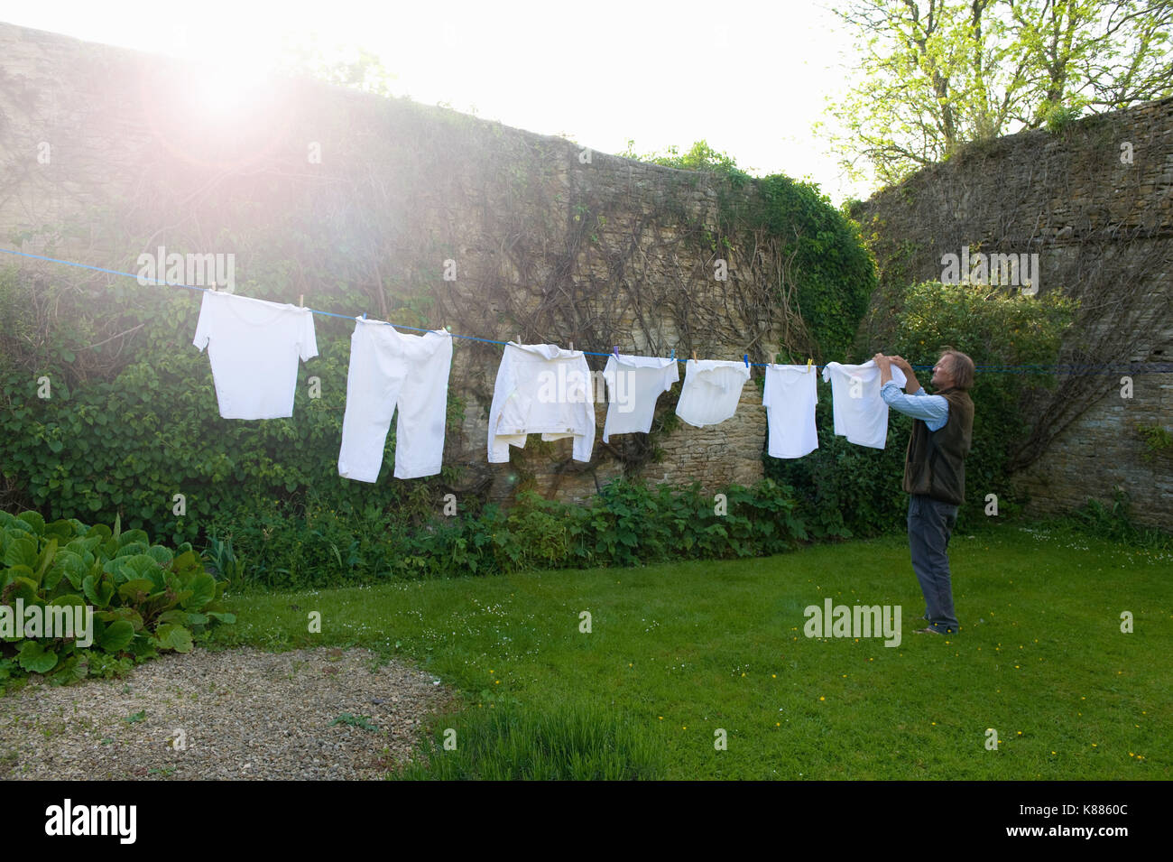 Man standing on a lawn in a garden, hanging up laundry on washing line ...