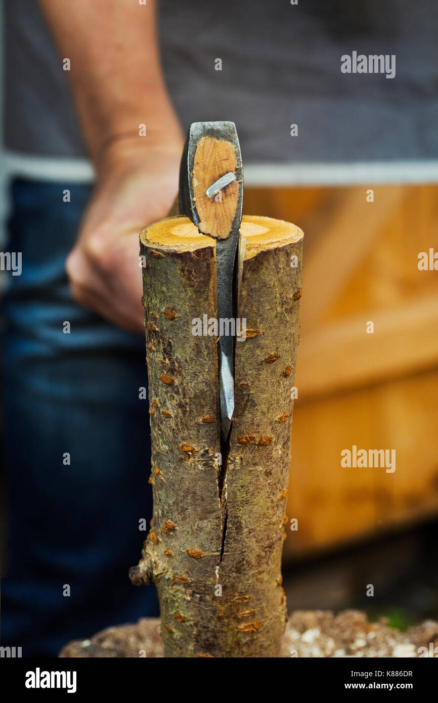 A wood carver splitting small log of wood in half with an axe Stock ...