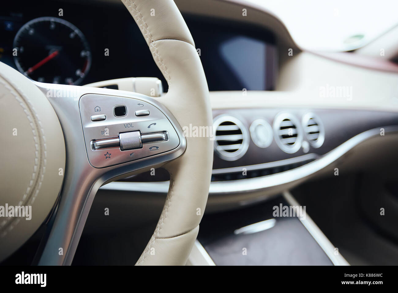 Control buttons on steering wheel. Car interior. Shallow dof Stock ...