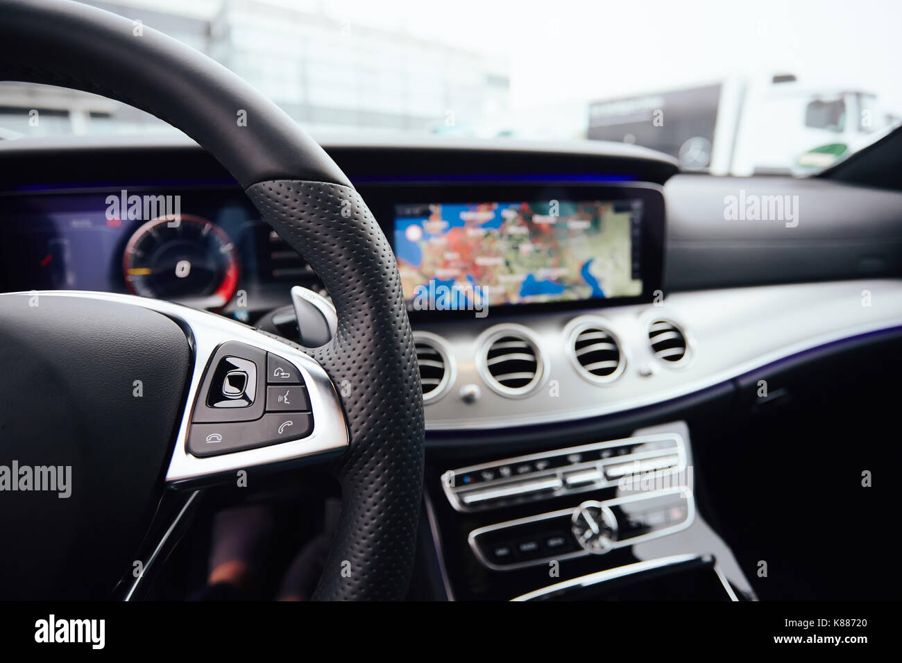 Control buttons on steering wheel. Car interior. Shallow dof Stock ...