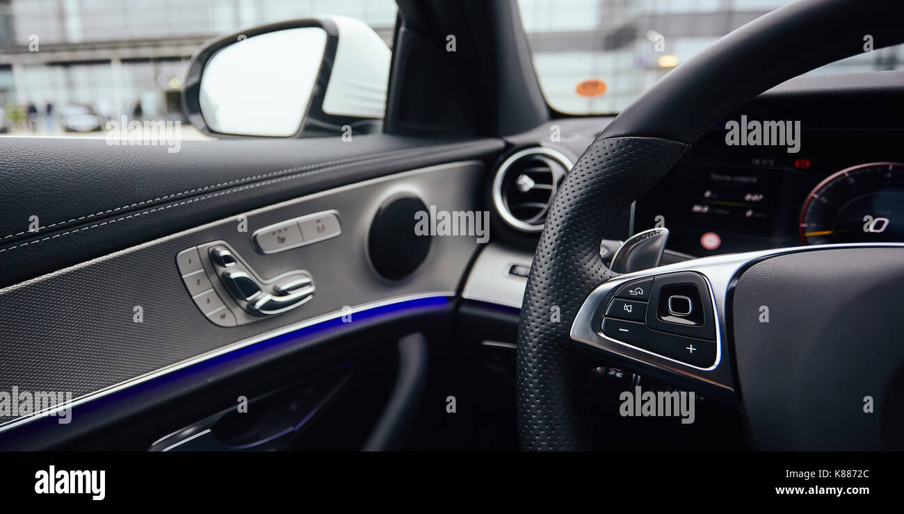 Control buttons on steering wheel. Car interior. Shallow dof Stock ...