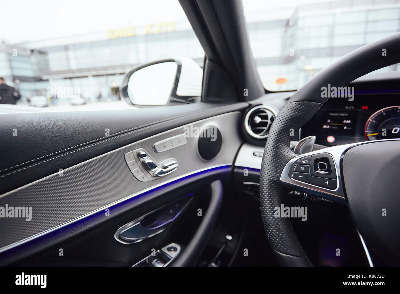 Control buttons on steering wheel. Car interior. Shallow dof Stock ...