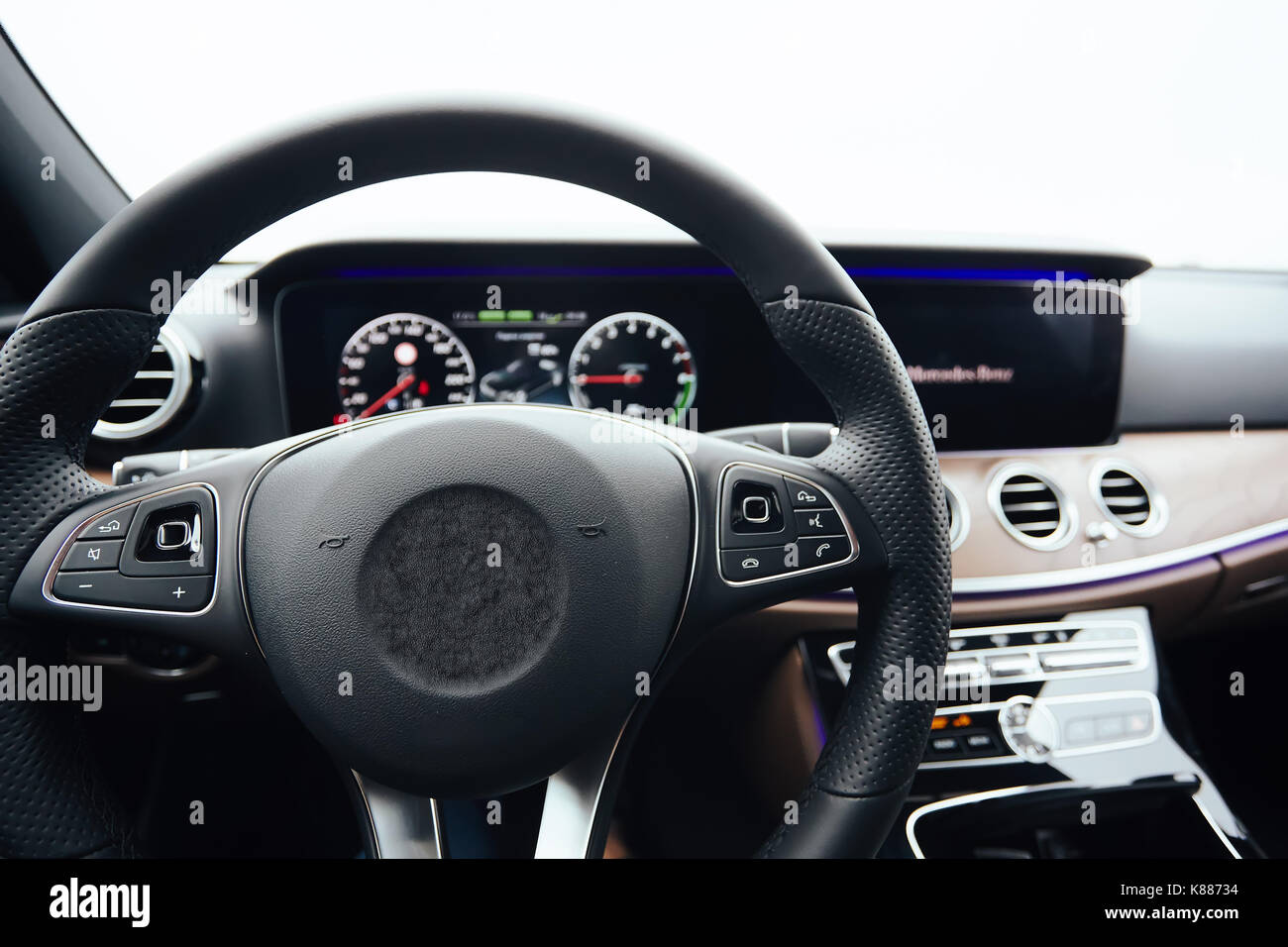 Control buttons on steering wheel. Car interior. Shallow dof Stock ...