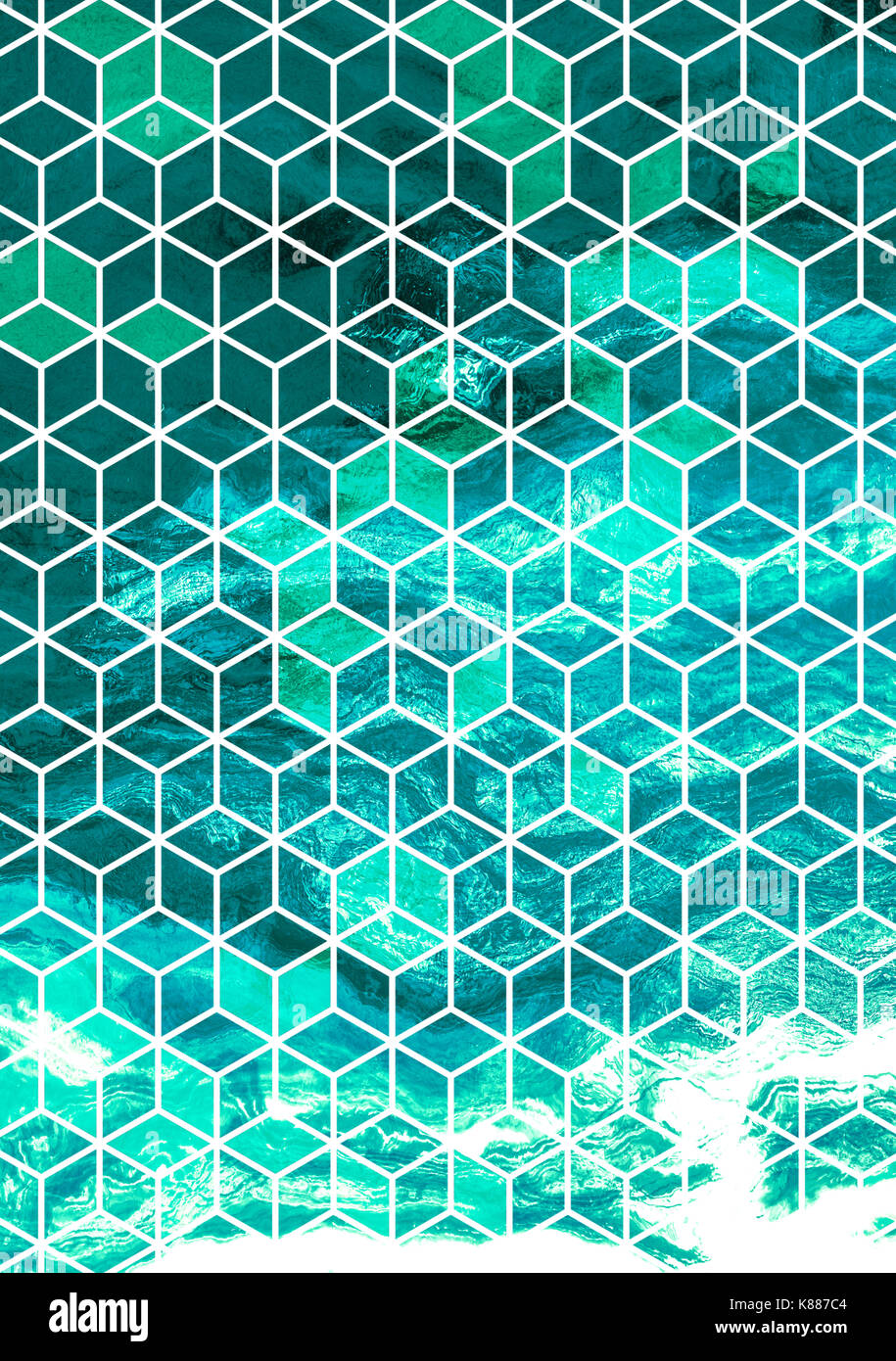 Watercolor marble background with geometric cube pattern Stock Photo ...