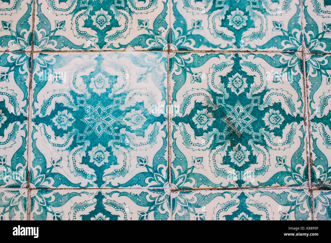 Stained, hand-painted "azulejo" tiles decorating a building on the ...
