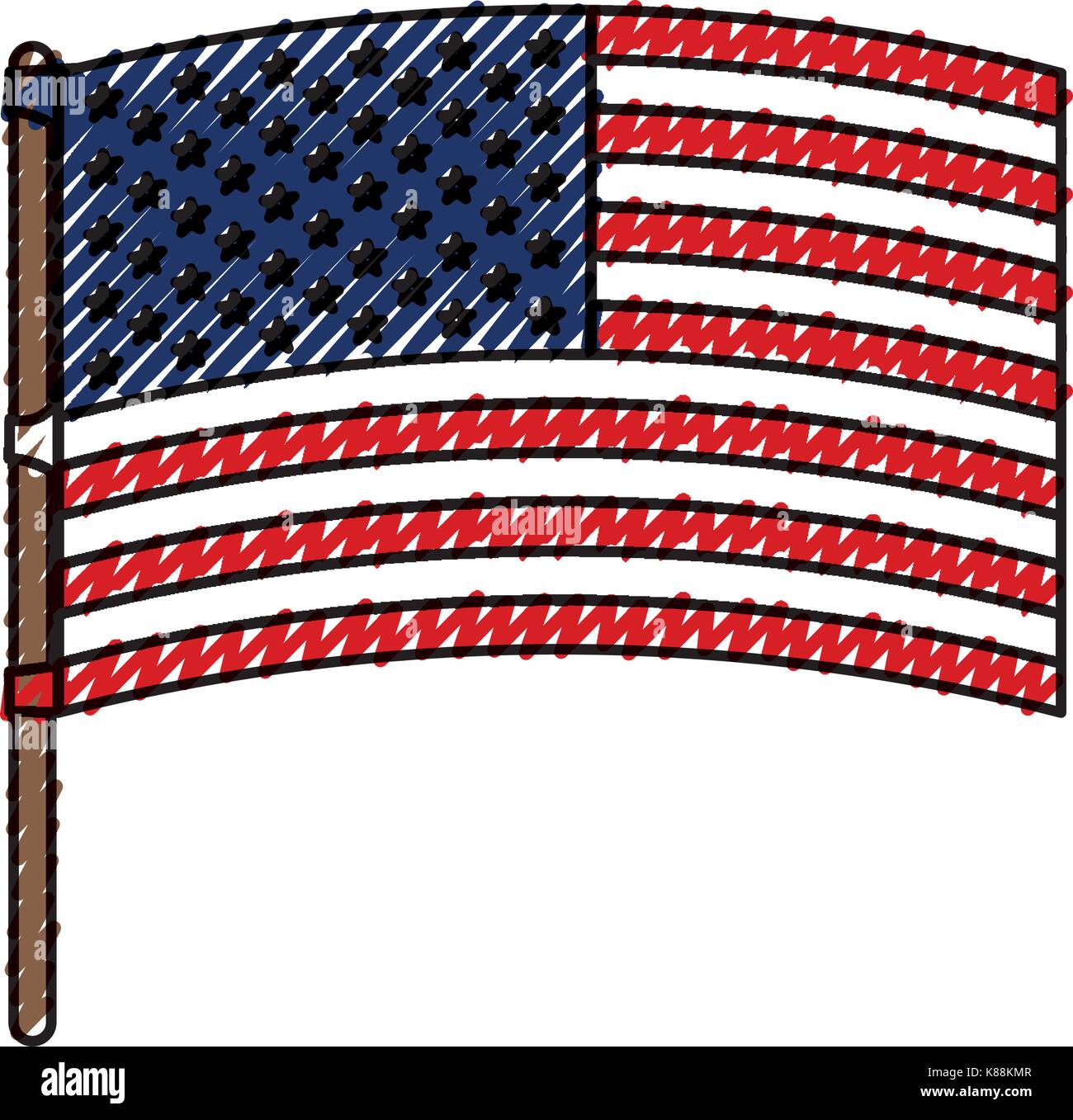 flag united states of america in flagpole waving colored crayon ...