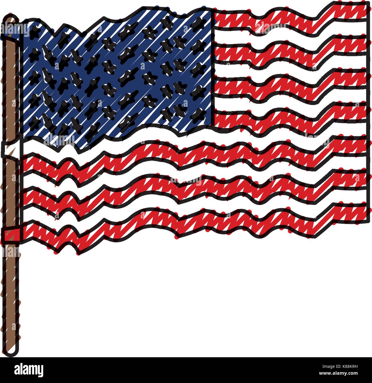 flag united states of america waving in flagpole and colored crayon ...