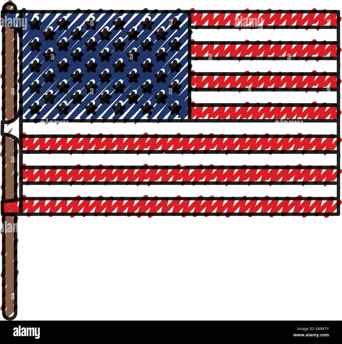 flag united states of america in flagpole and colored crayon silhouette ...