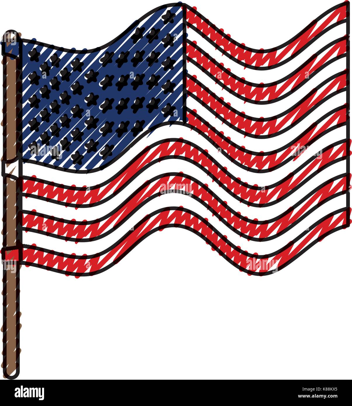 flag united states of america in flagpole waving and colored crayon ...