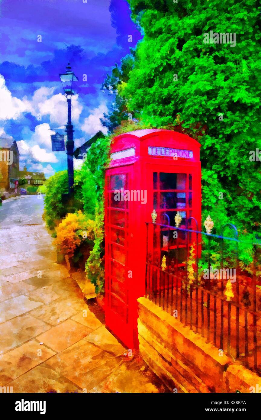 A digital painting of a red phone box in Main St, Haworth, West ...
