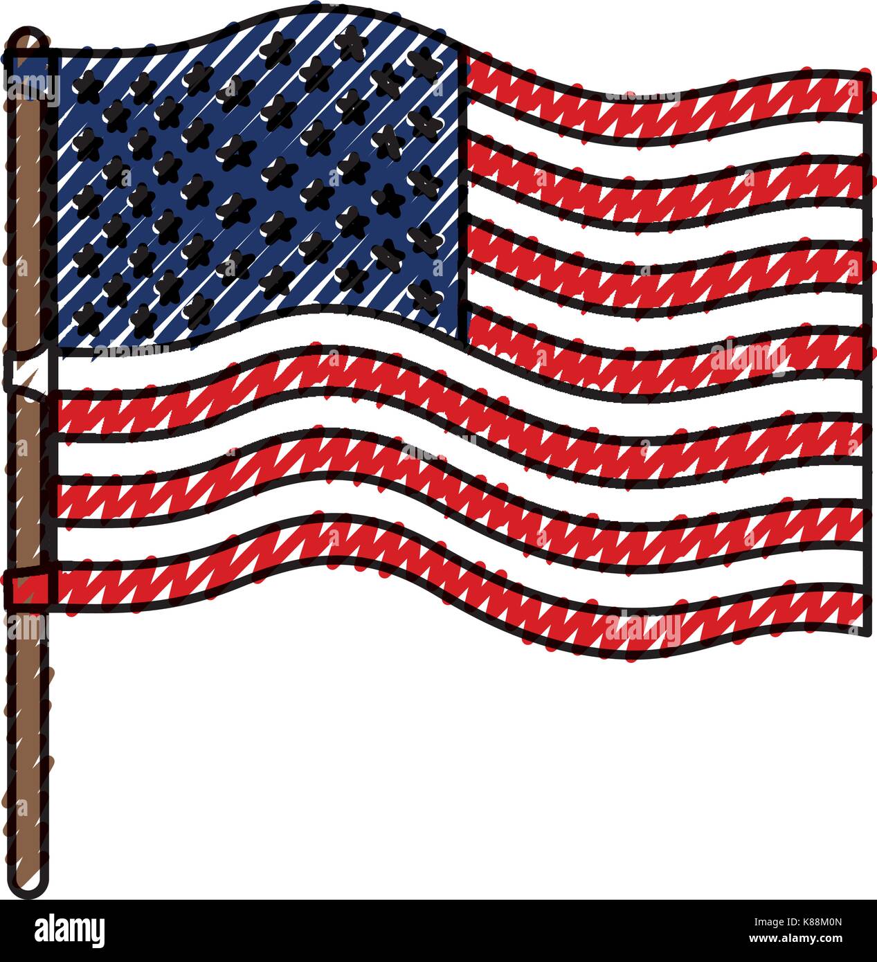 flag united states of america in flagpole wave and colored crayon ...