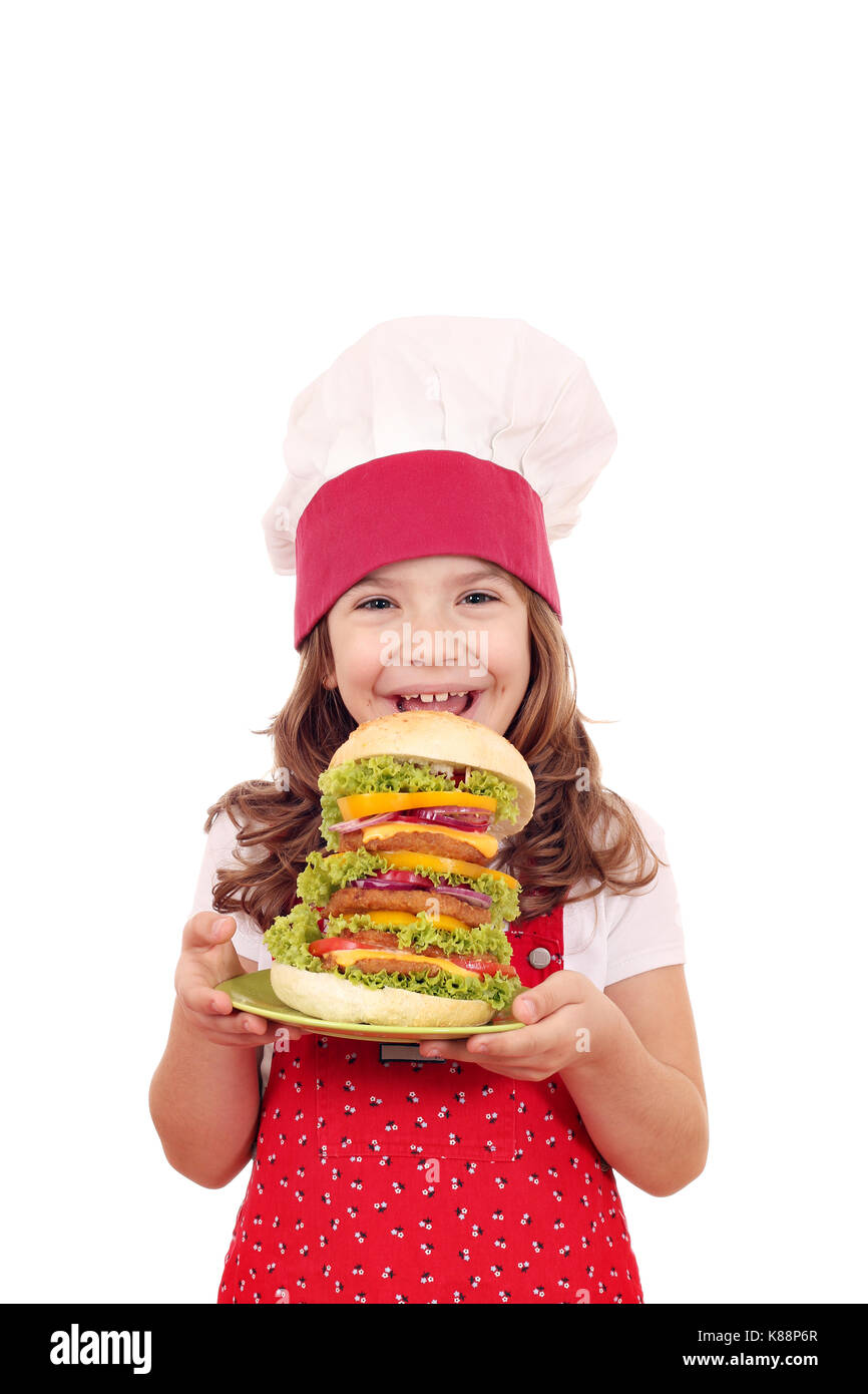 happy little girl cook with big hamburger Stock Photo - Alamy