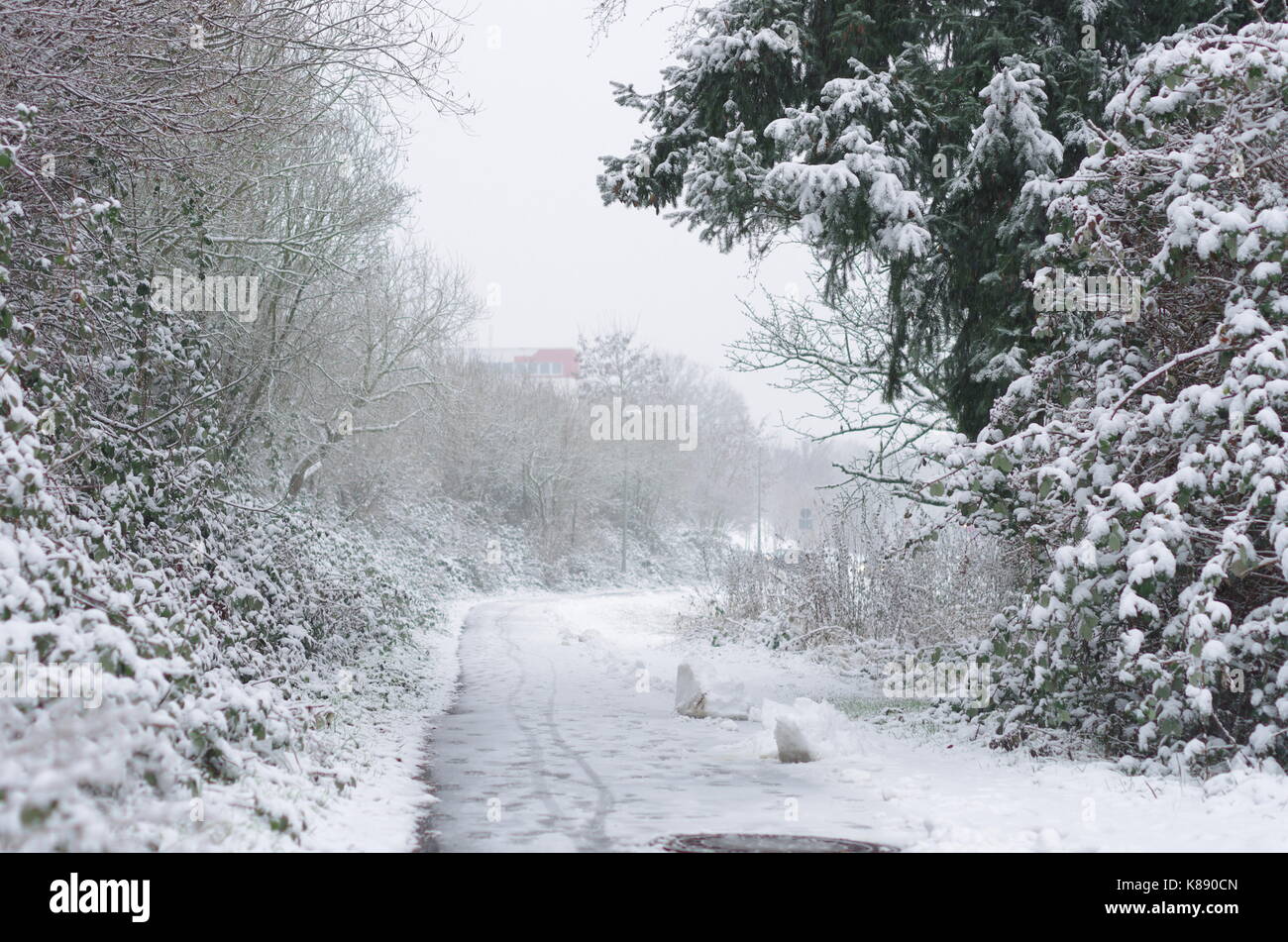 Winter nature. Walkway covered with snow during extreme snowfall in ...