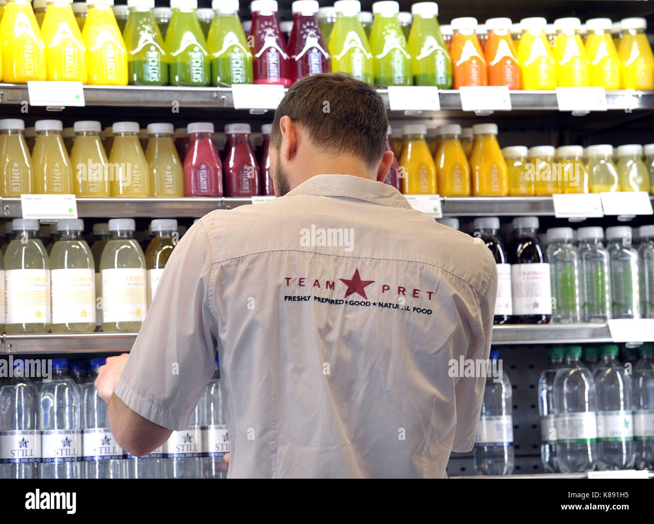 Staff working in Pret A Manger store in Melcombe Street in central ...