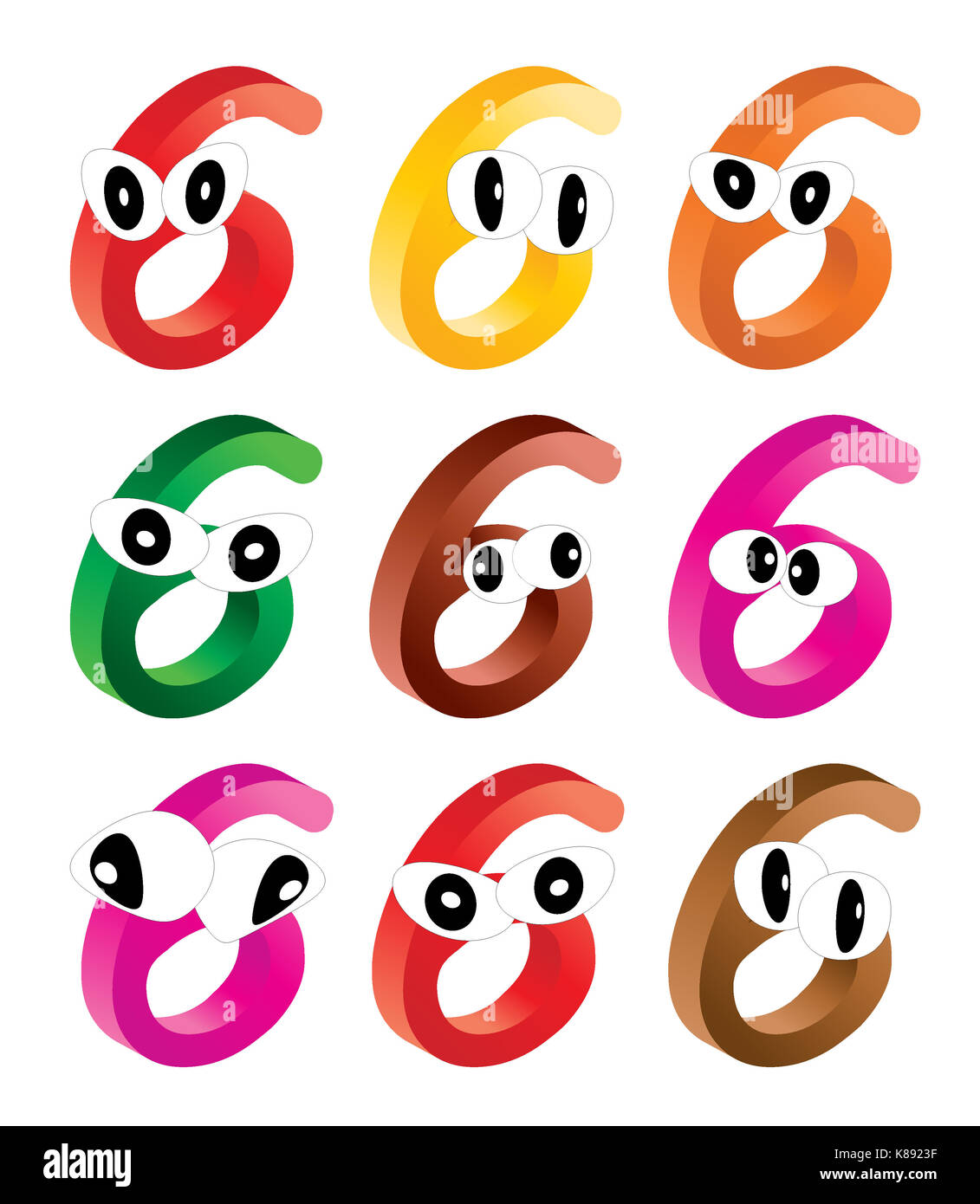 Image of cartoon number, digit six with eyes. Funny, cheerful and ...