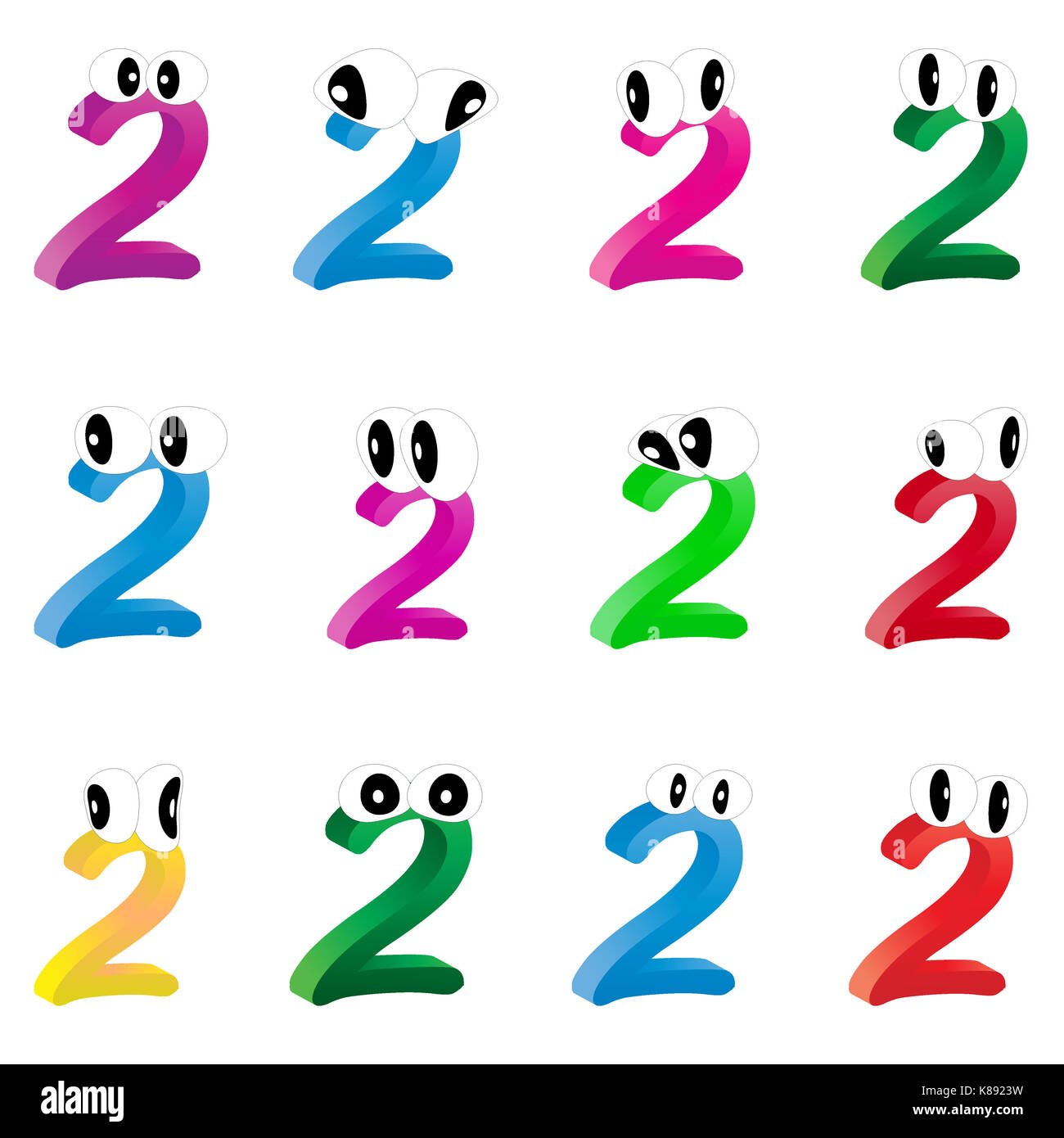 Image of cartoon number, digit two with eyes. Funny, cheerful and ...