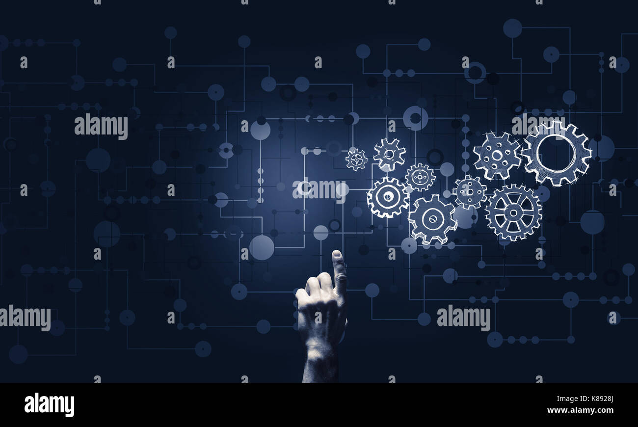 Glowing cogwheel mechanism icon on dark background as symbol of Stock ...