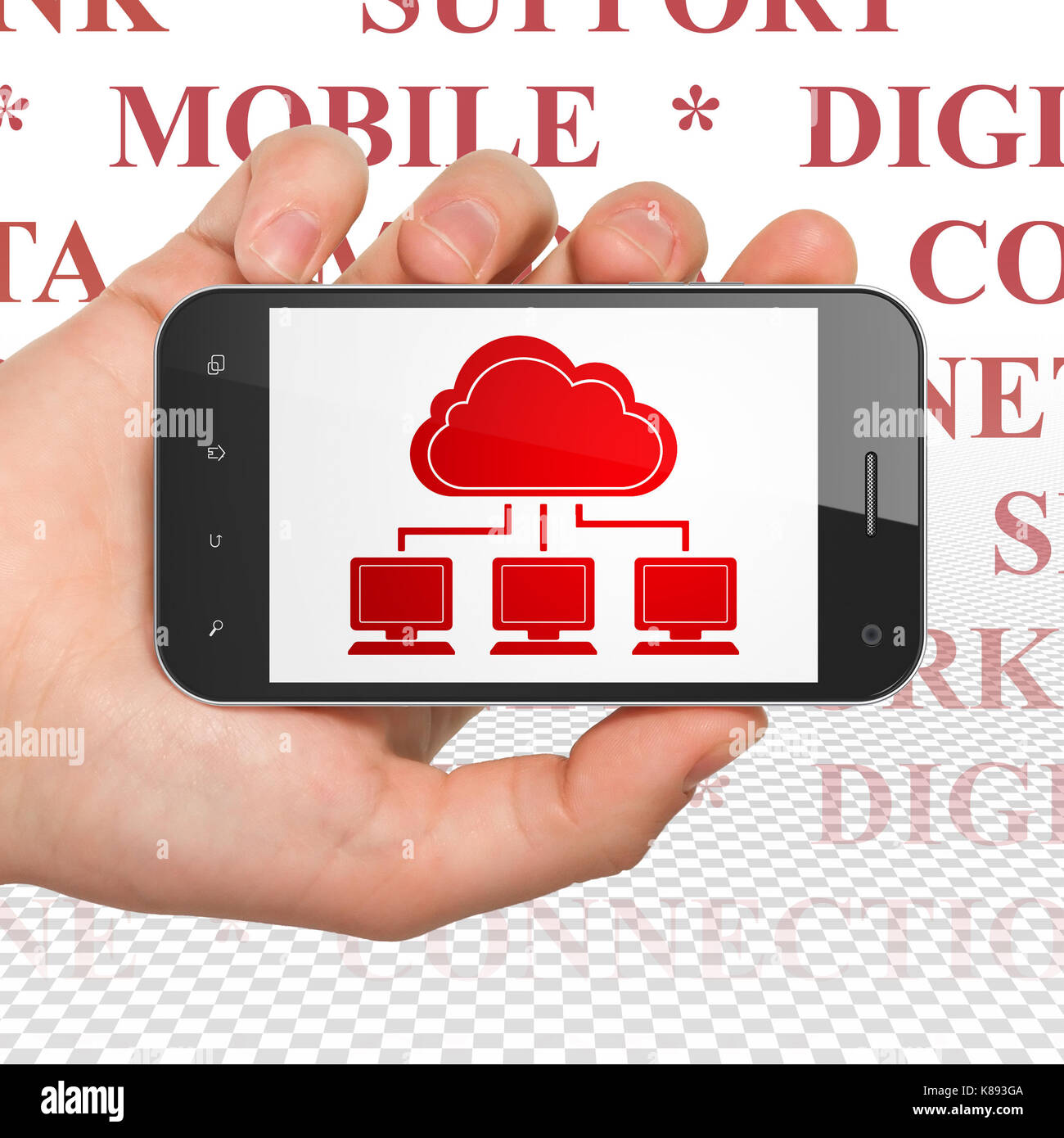 Cloud computing concept: Hand Holding Smartphone with Cloud Network on ...