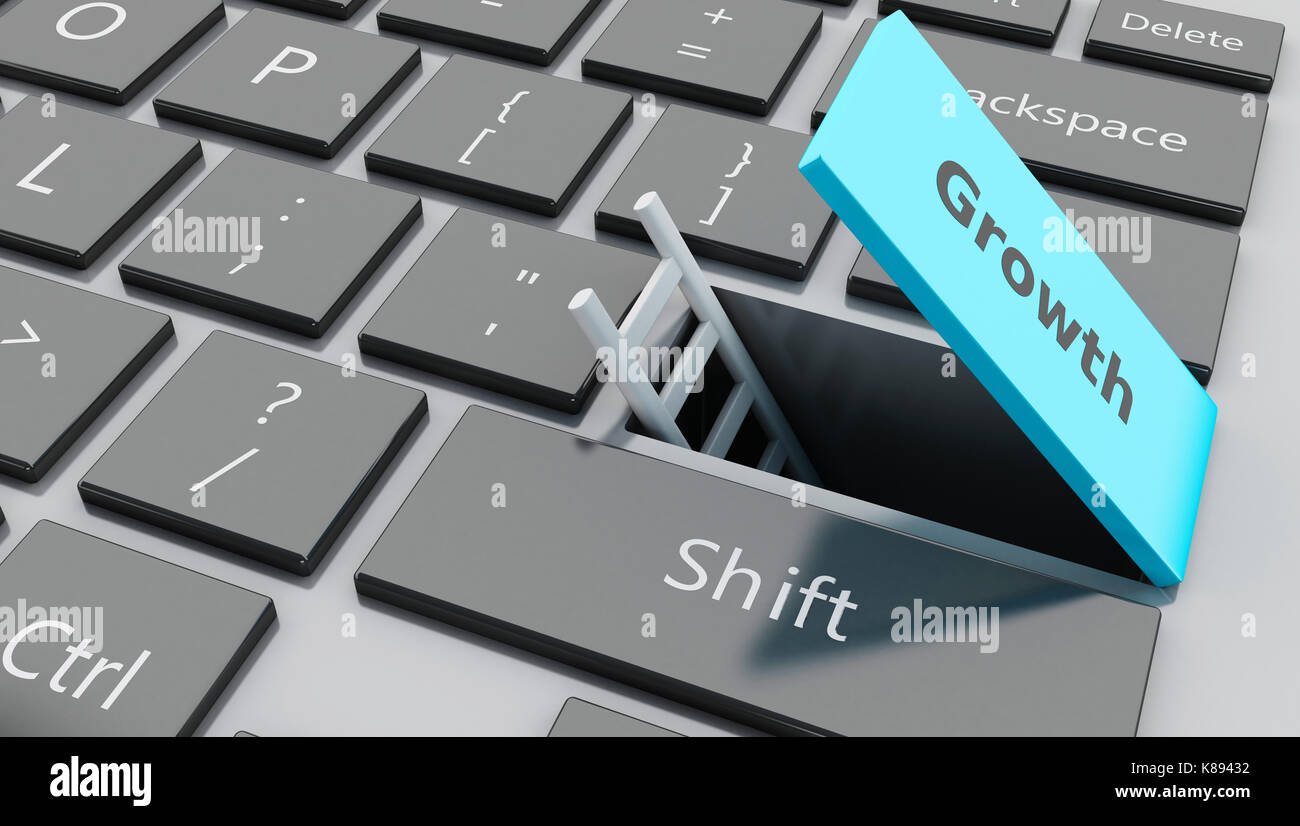 3d illustration. Open "growth" button with ladder coming out. Success ...