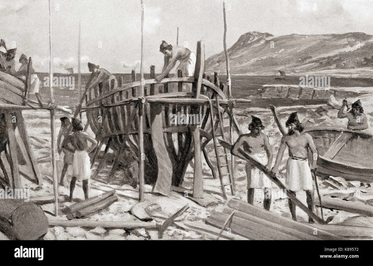 Primitive ship building by Phoenician settlers. After the painting by ...