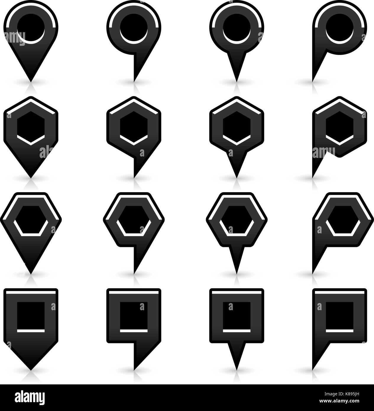 16 map pins sign location icon with gray reflection and shadow in flat satined style. Set 03 ...