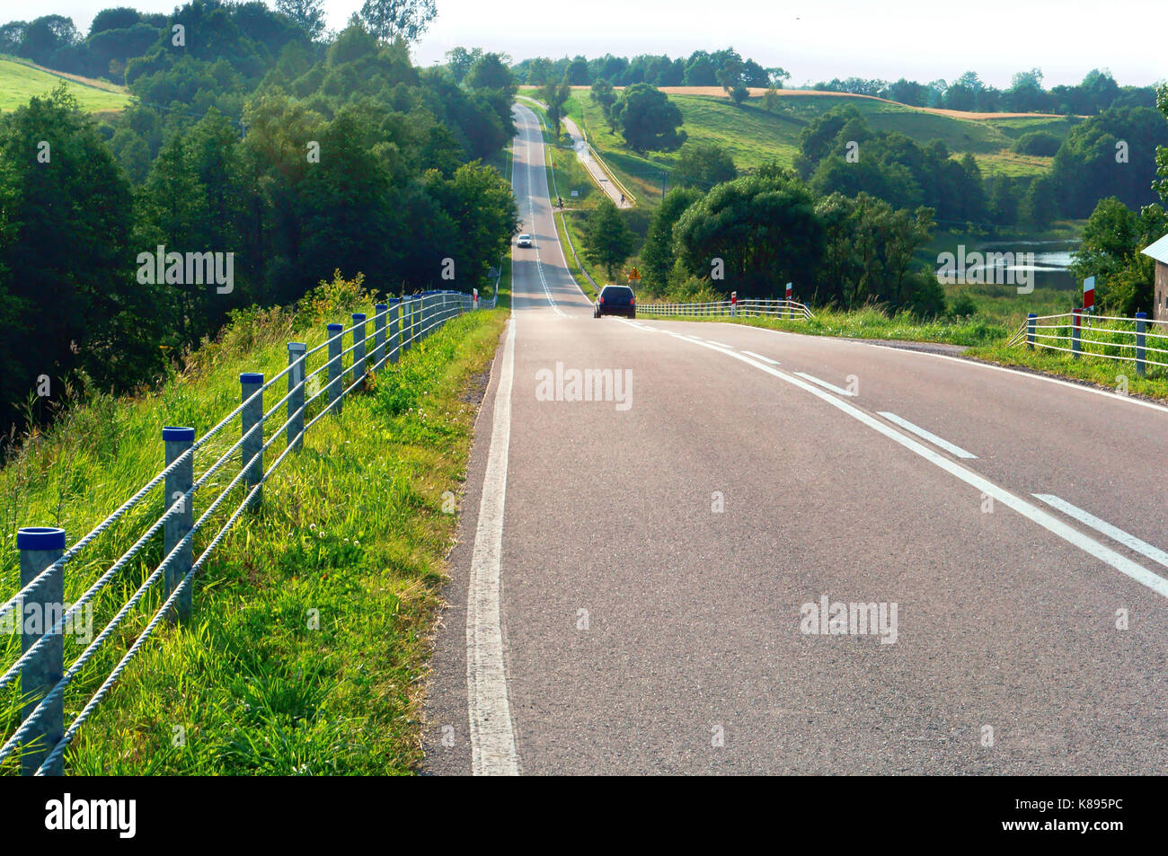 a long road through field and forest, landscape, top view, rise high ...