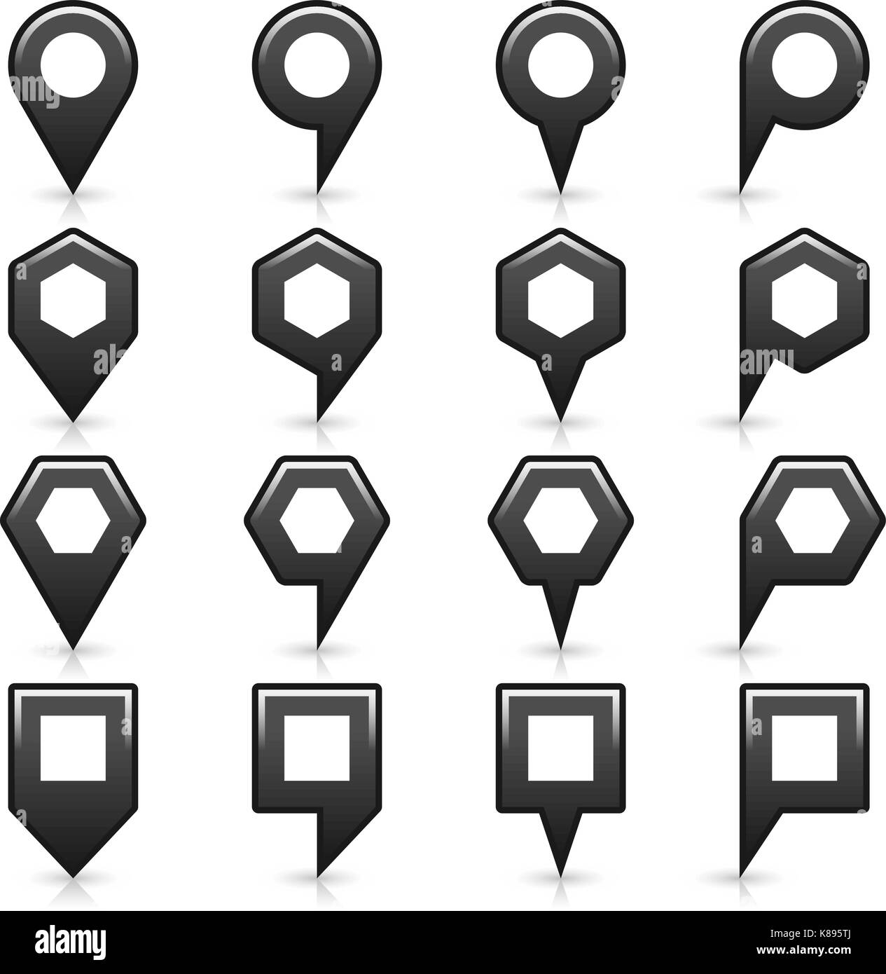 16 map pins sign location icon with gray reflection and shadow in flat ...