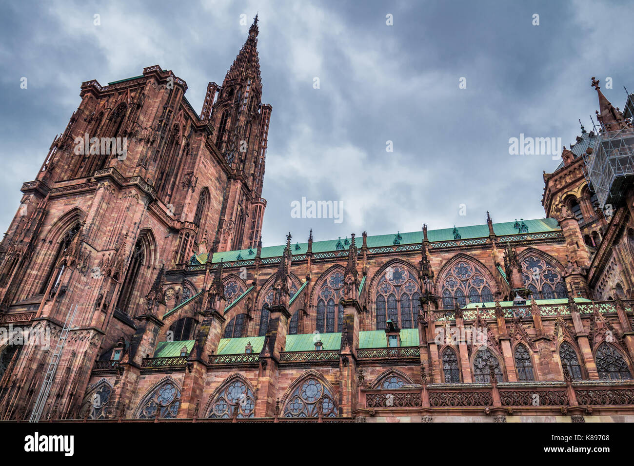Huge tower and elegant exterior architecture of Notre dam of Strasbourg ...