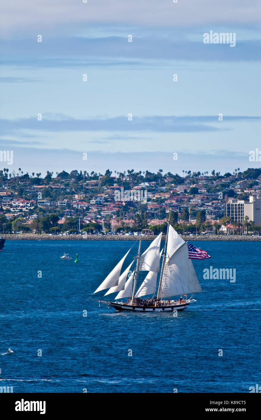 Tall Sailing Ship Anazing Grace under full sail in San Diego Harbor, CA ...