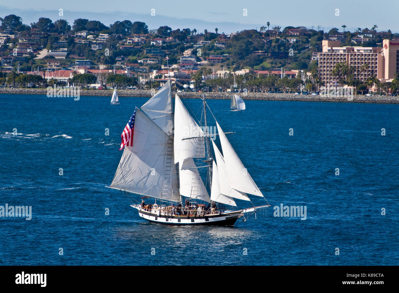 Tall Sailing Ship Anazing Grace under full sail in San Diego Harbor, CA ...