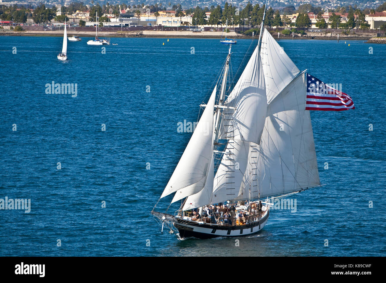 Tall Sailing Ship Anazing Grace under full sail in San Diego Harbor, CA ...