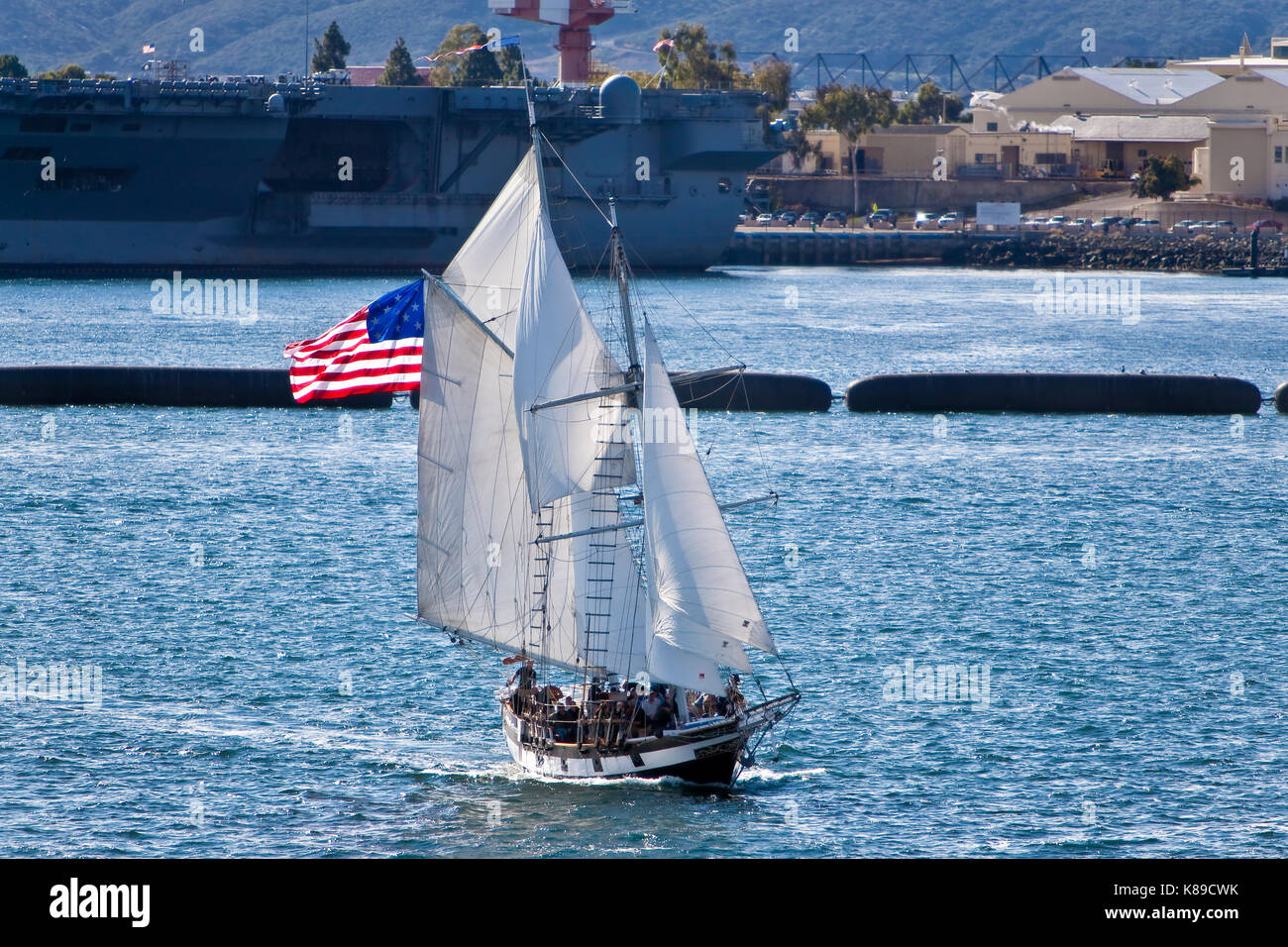 Tall Sailing Ship Anazing Grace under full sail on San Diego Bay, CA US ...
