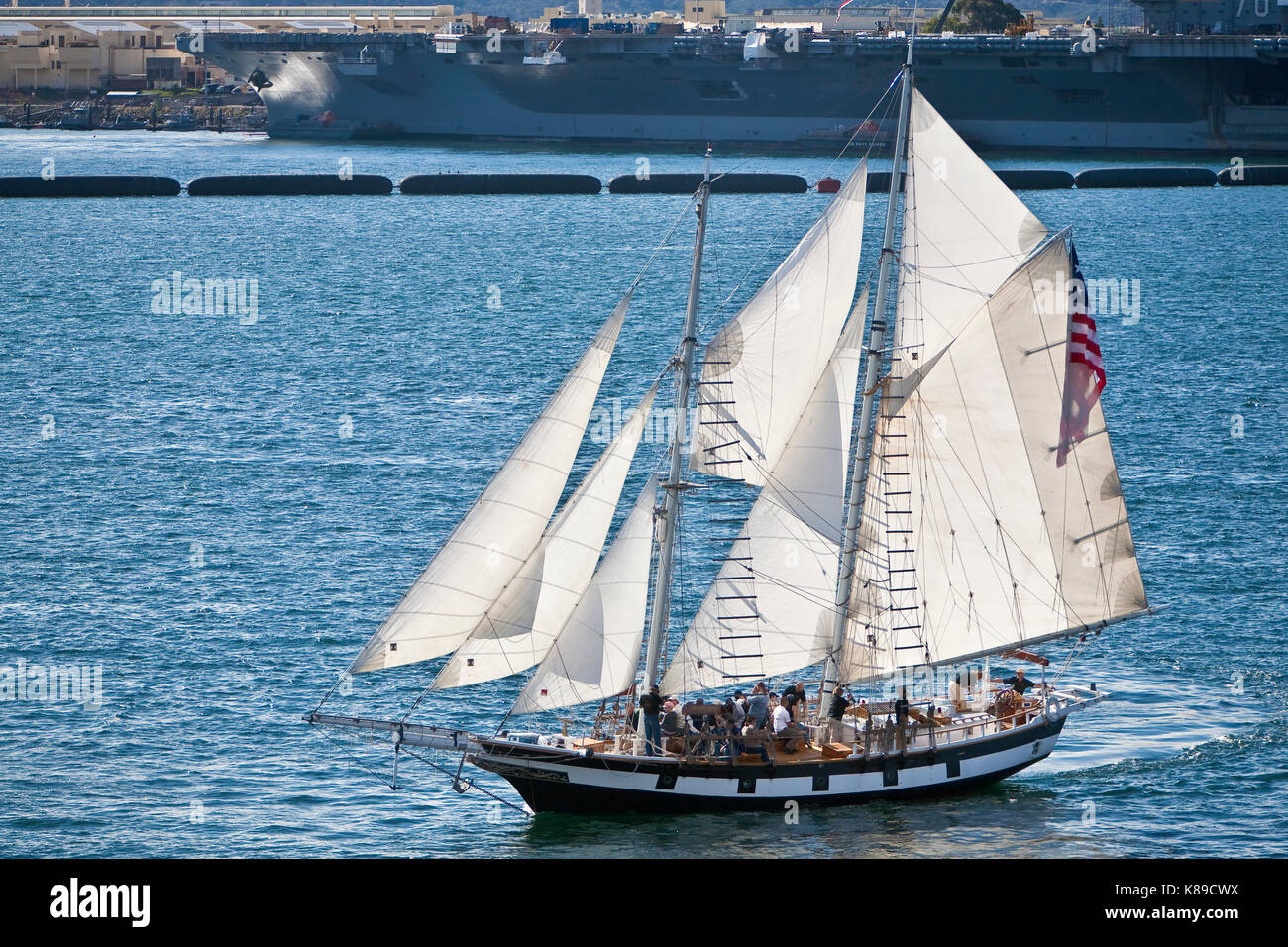 Tall Sailing Ship Anazing Grace under full sail on San Diego Bay, CA US ...